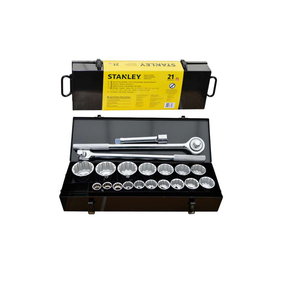 JUEGO DE 21 PIEZAS, COPAS RAIZ DE 3/4, 12 PUNTOS EN PULG, RATCHET EXTENSION Y BARRA CON CAJA ...