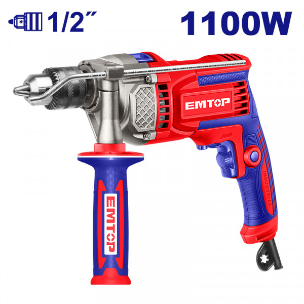 TALADRO PERCUTOR DE 1/2 PULG, 1,100 WATTS, CONCRETO, METAL Y MADERA. EMTOP